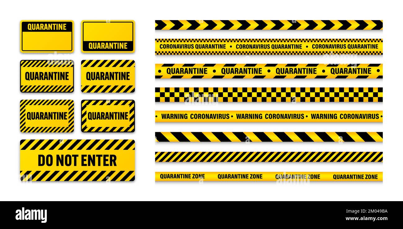 Various quarantine zone warning tapes and shields. Novel coronavirus ...