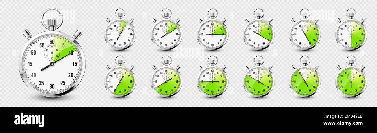 Realistic classic stopwatch icons. Shiny metal chronometer time counter ...
