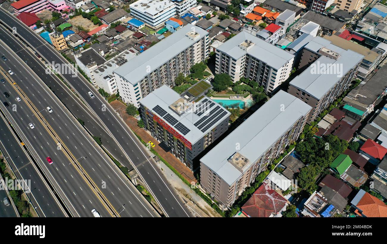 Top up aerial drone view of elevated road and traffic junctions in ...