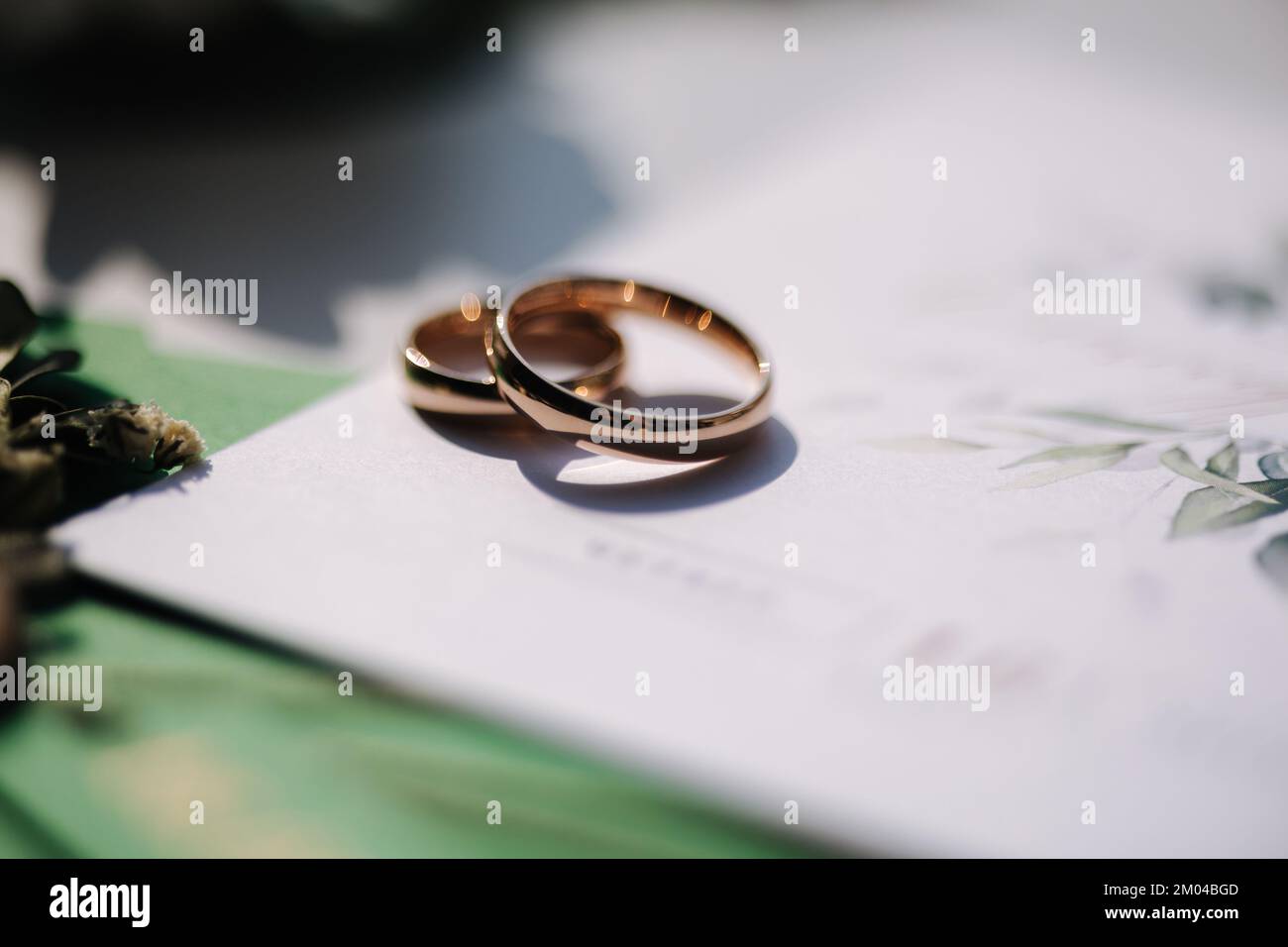 Macro photo of wedding rings on oaths Stock Photo - Alamy