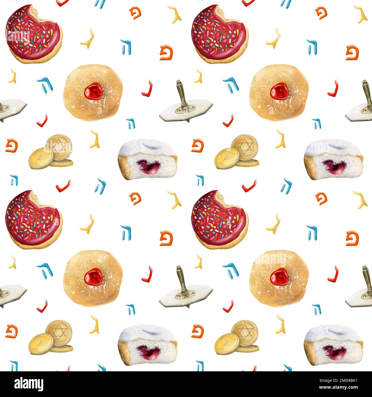 Hanukkah donuts and dreidel pattern. Hand drawing Jewish traditional ...