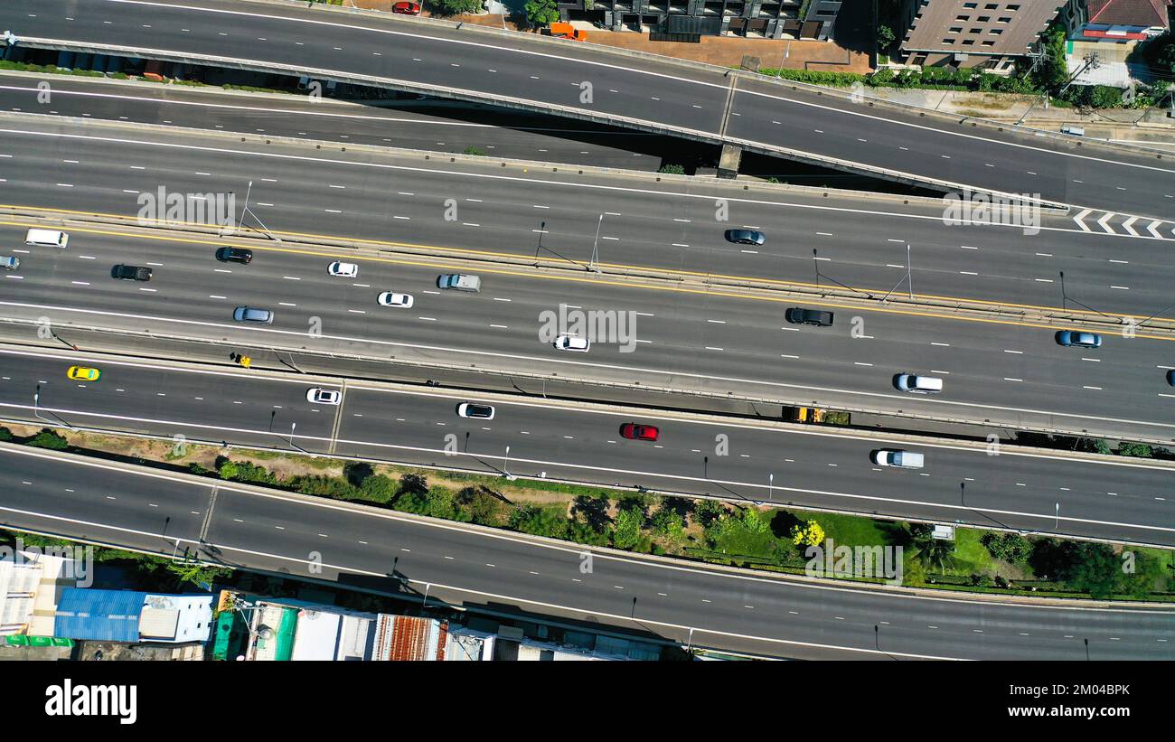Aerial view, Static vertical top down aerial view of traffic on freeway ...