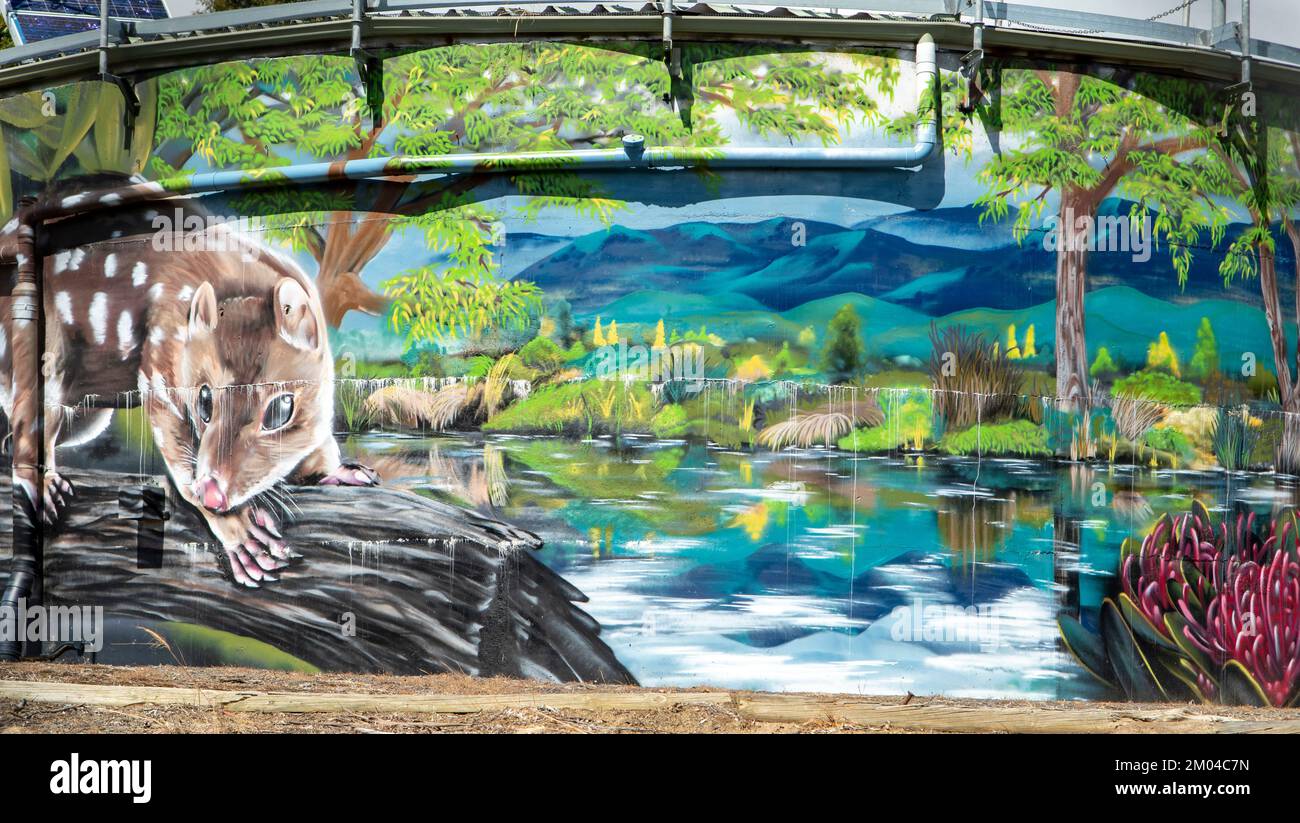 Spotted Quoll Water Tank Art, Tea Tree, Tasmania, Australia Stock Photo ...