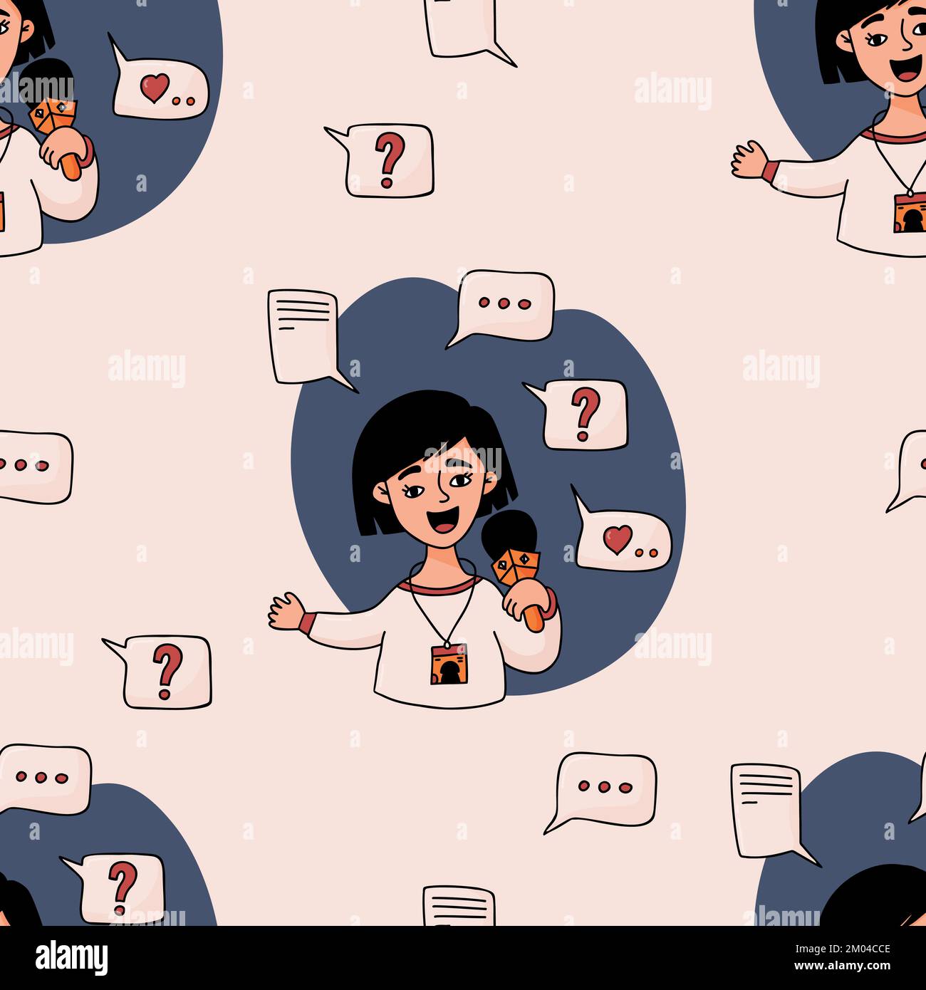 Seamless pattern with girl journalist reporter with microphone on light ...