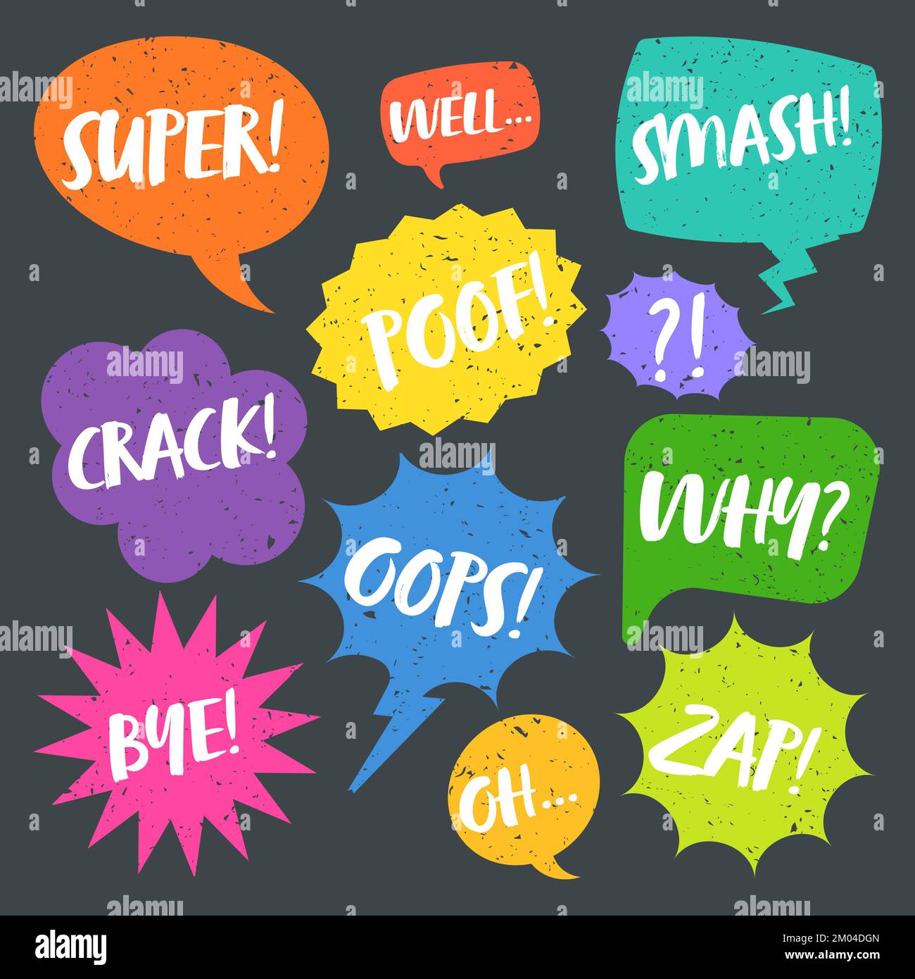 Colorful grunge comic speech bubbles with handwritten text. Hand drawn ...