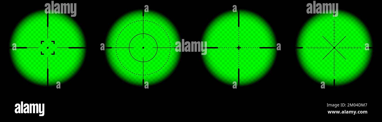 Various weapon night sights, sniper rifle optical scopes. Hunting gun ...