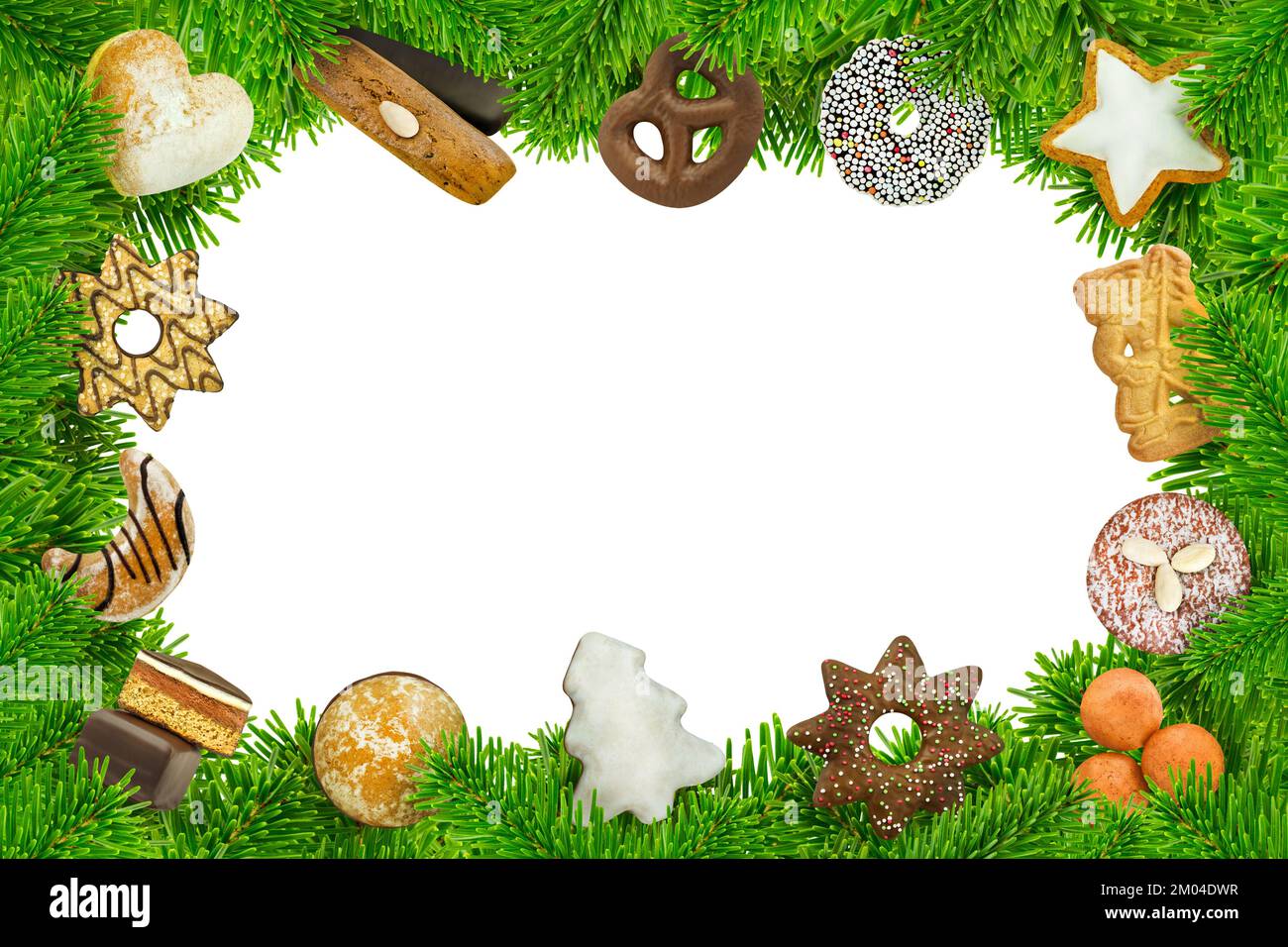 Various Christmas sweets and cookies with fir branches isolated against ...