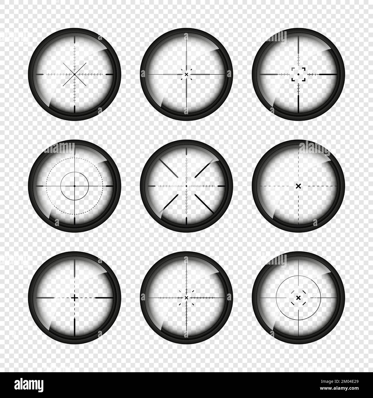 Various weapon sights, sniper rifle optical scopes. Hunting gun ...