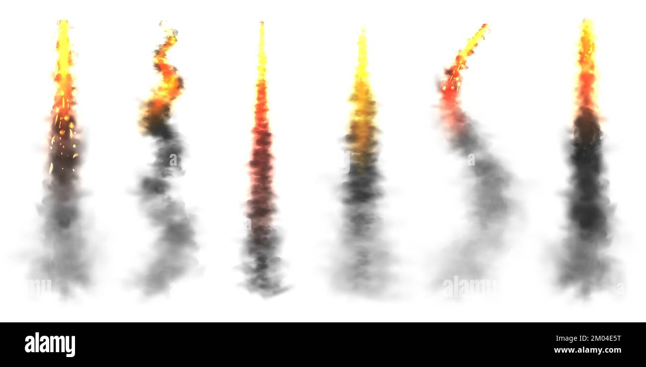 Realistic black smoke with fire, space rocket launch trails. Fire burst ...