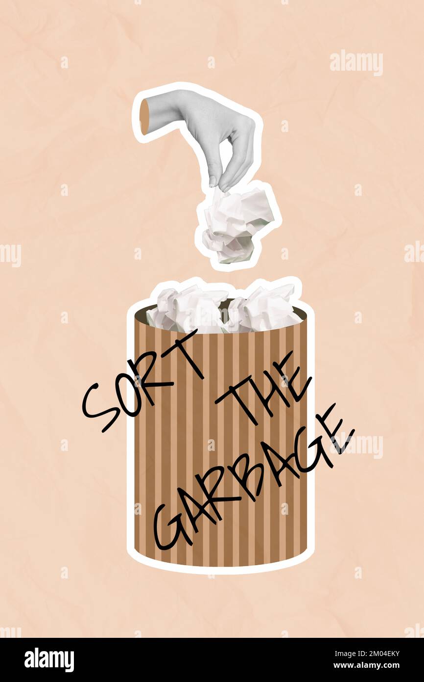 Collage photo concept of waste segregation people sort garbage in trash ...