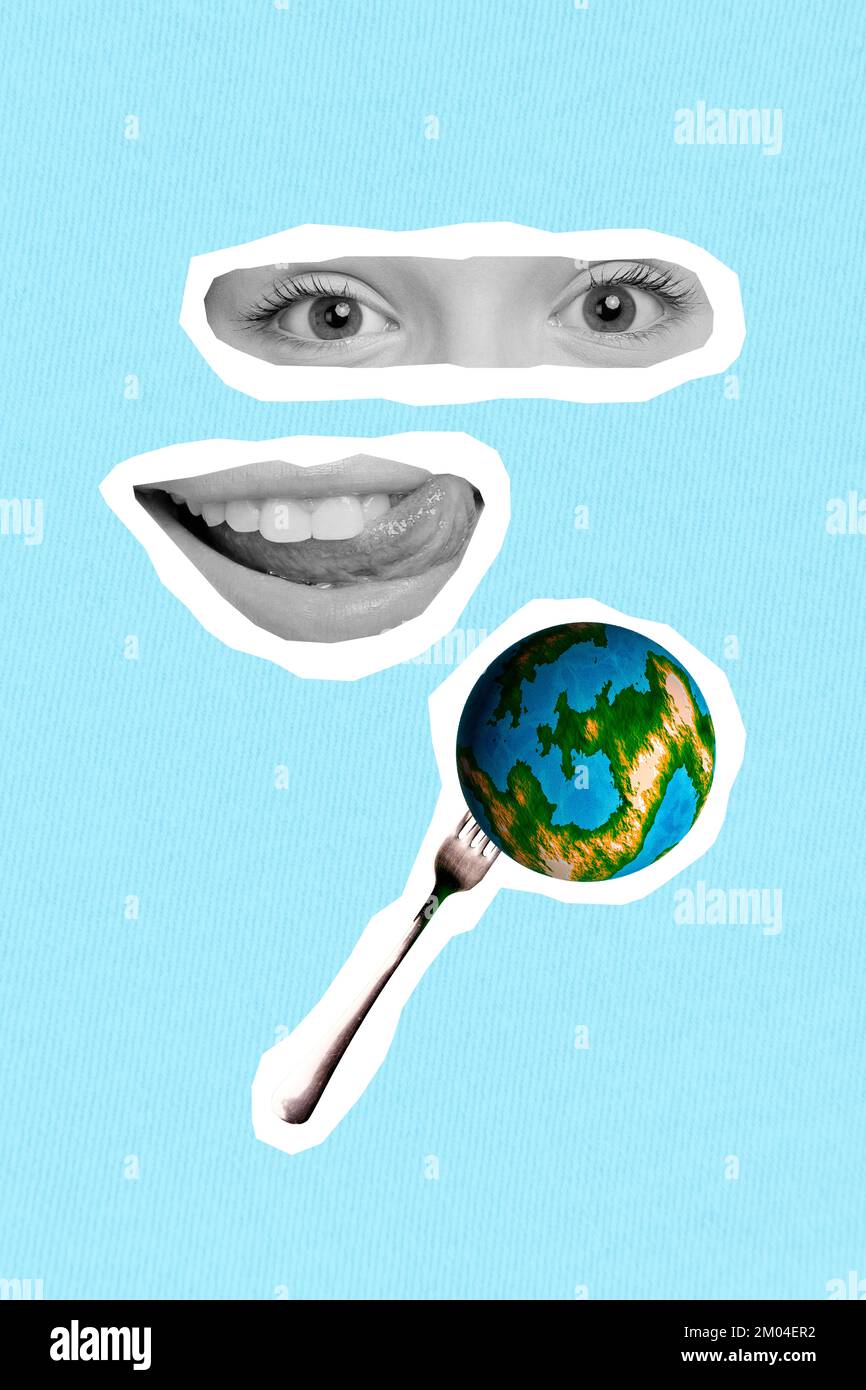 Collage photo concept of miniature planet earth human eating resourses ...