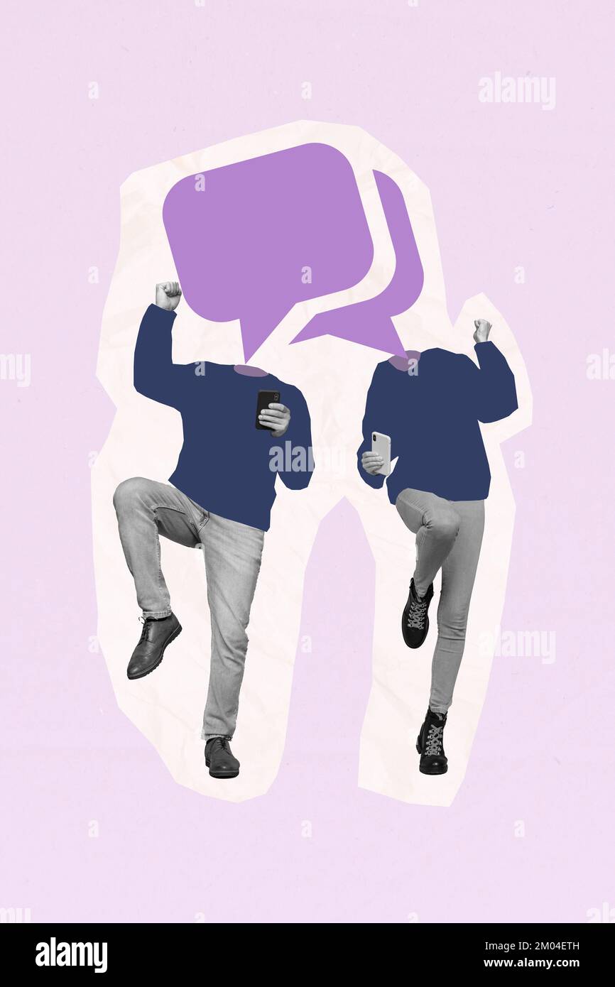 Vertical collage picture of two excited black white colors people raise ...