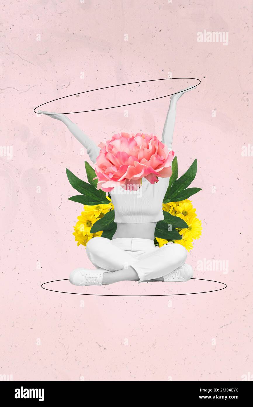 Photo collage cartoon comics sketch picture of lady pink flower instead ...