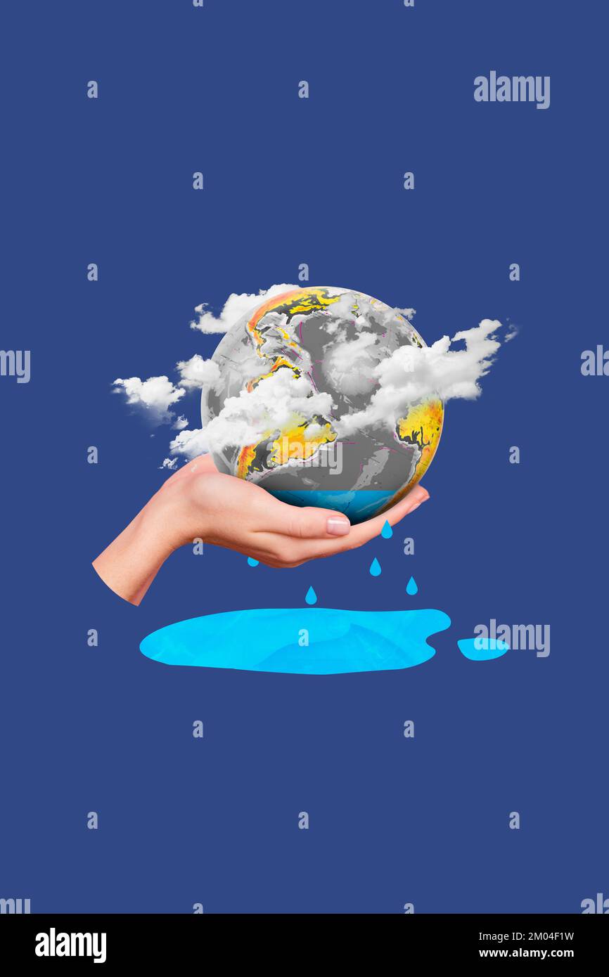 Collage photo picture of world planet sphere hand hold continent clouds ...