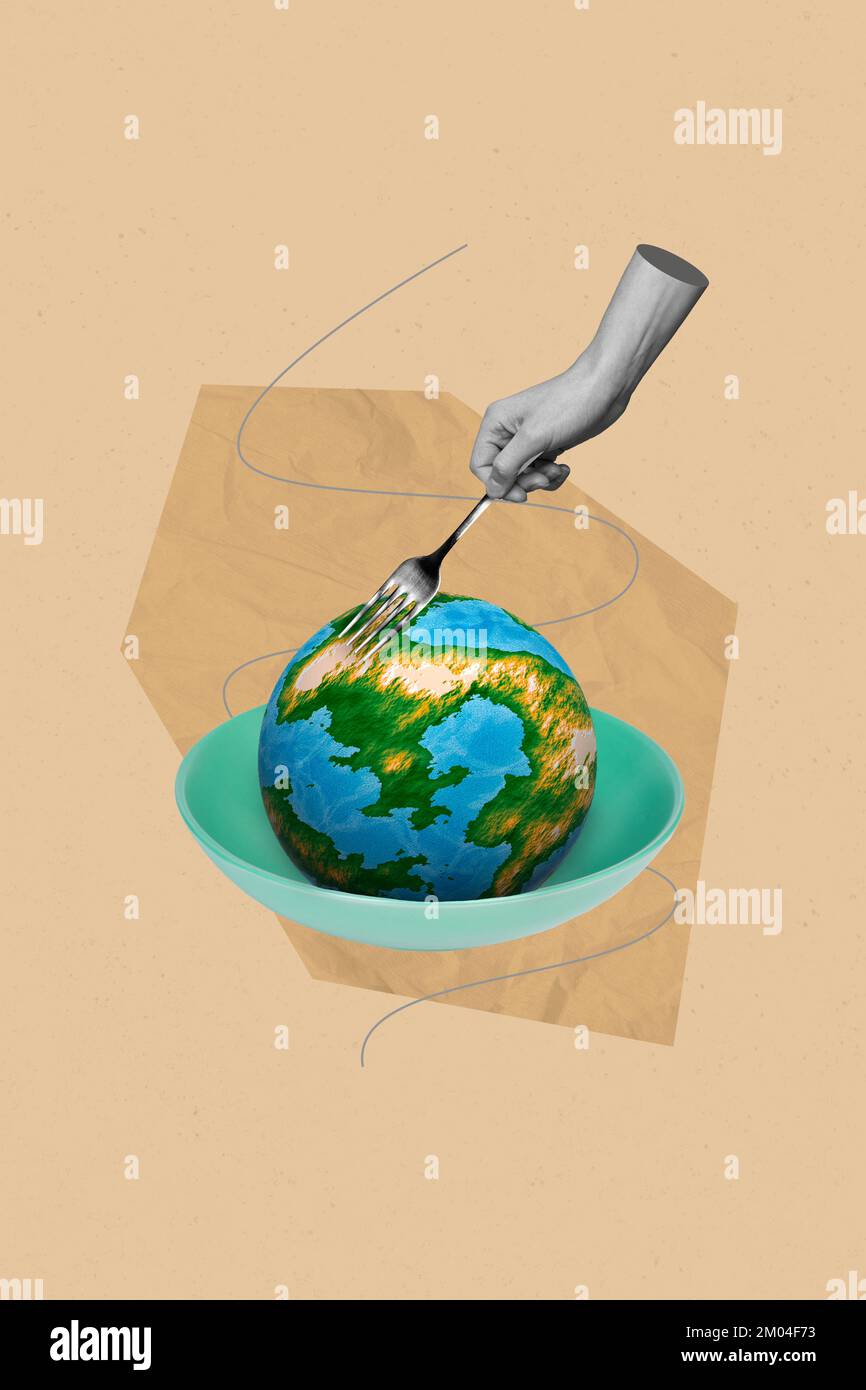 Collage photo of miniature destroying earth inside bowl hand fork ...