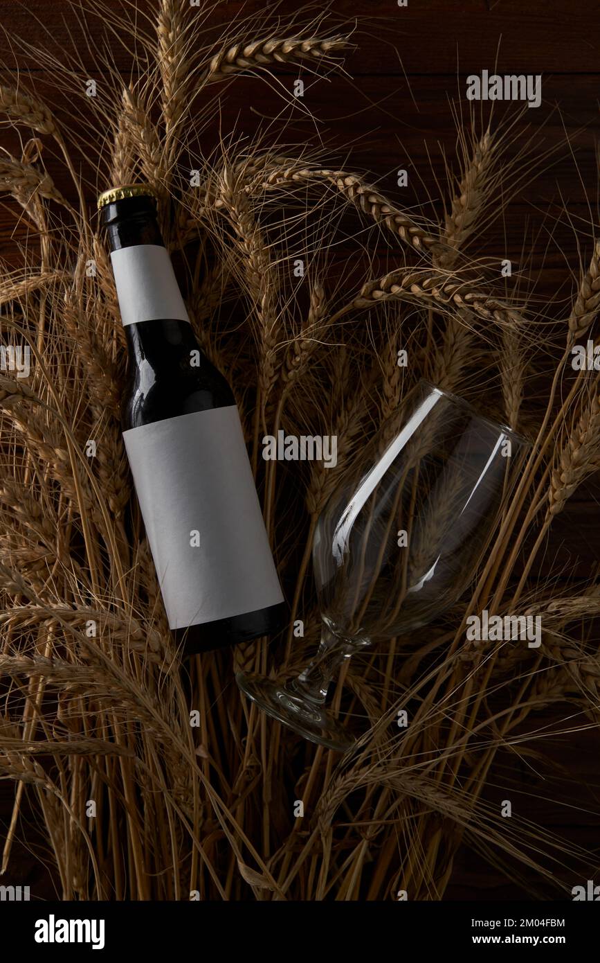 Bottle of beer and empty glass lie on the ears of rye. Concept of ...