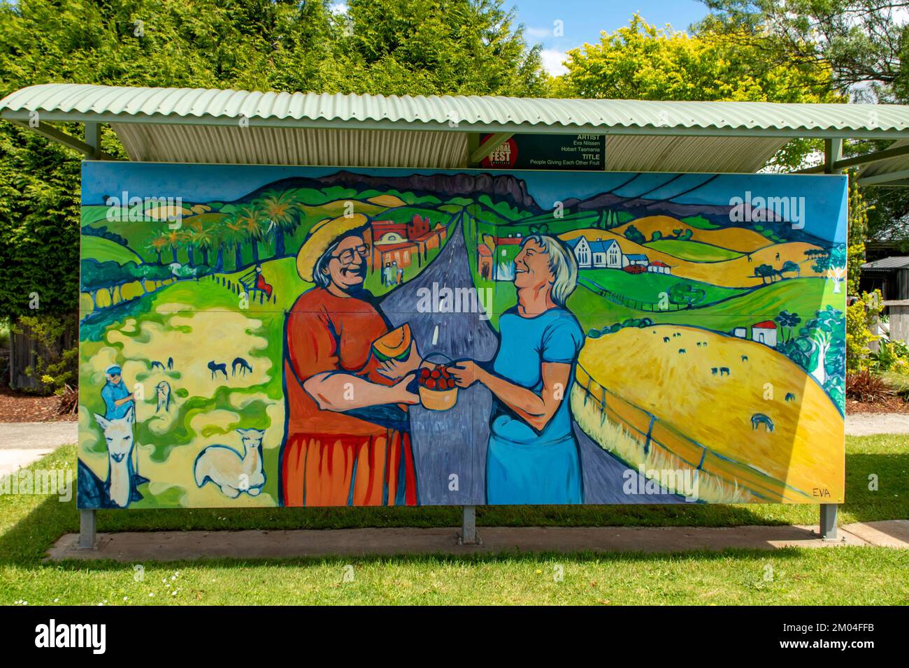 People Giving Fruit Street Art, Sheffield, Tasmania, Australia Stock ...