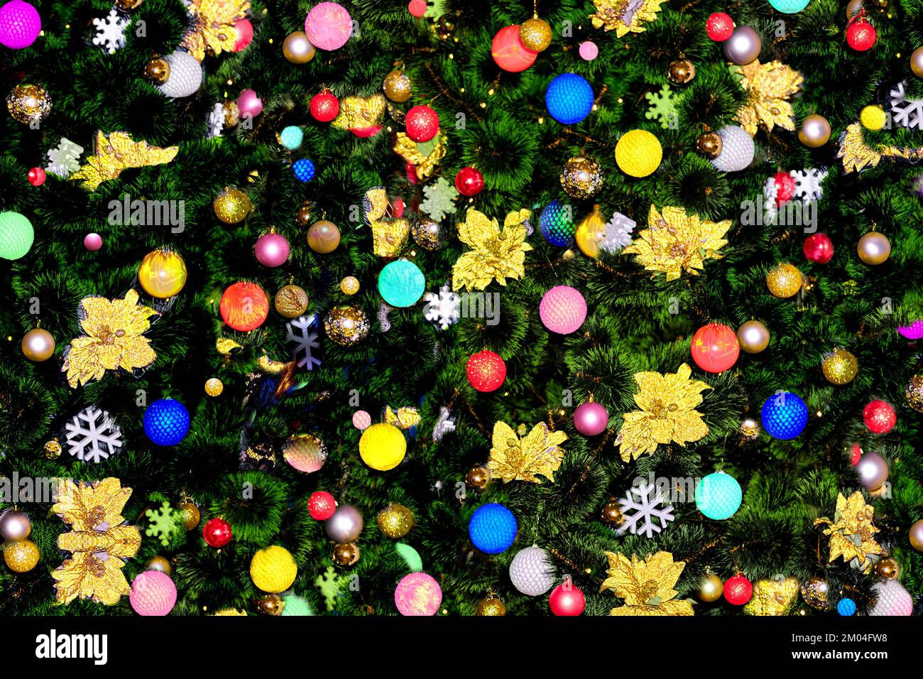 New Year's Christmas background with toys, garlands and Christmas tree ...