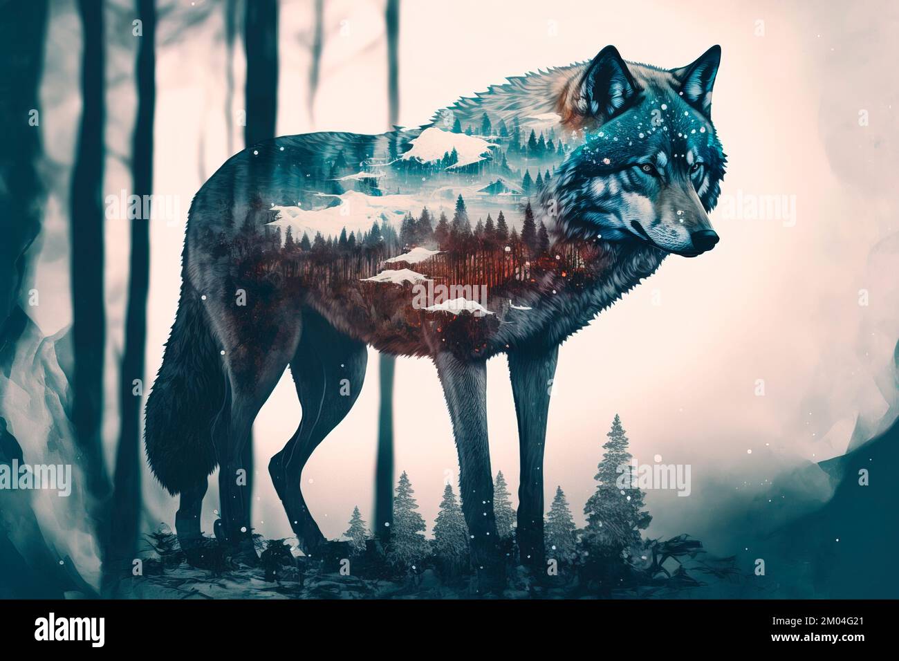 Double exposure image of a wolf and the winter forest Stock Photo - Alamy