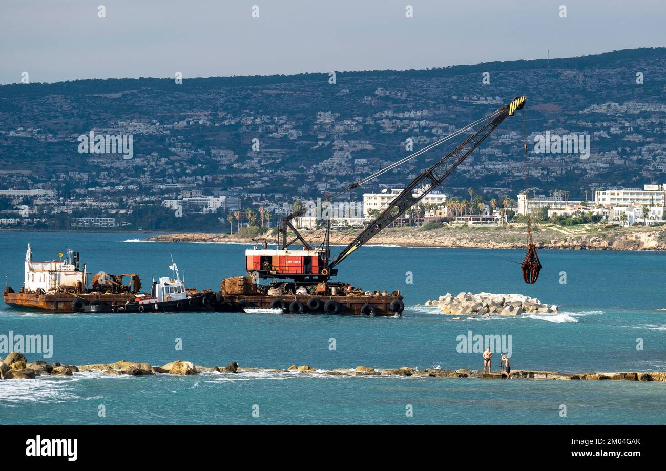 Chloraka Paphos, Cyprus: Breakwaters being erected on coastal area to ...