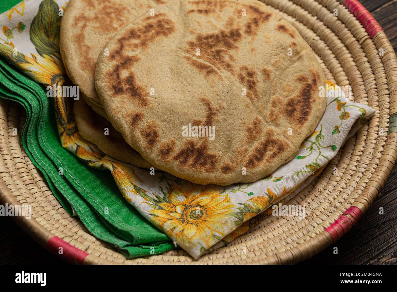 Top view of a Moroccan Pita Bread (Batbout, Mkhamer), berber bread ...