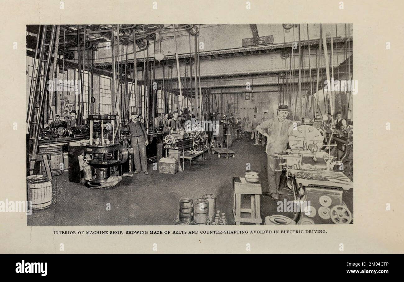 Interior of Machine Shop, Showing maze of belts and counter-shifting avoided in electric driving ...