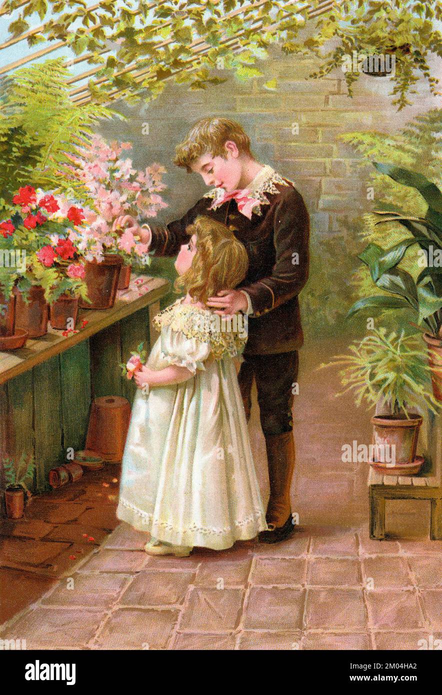 Illustration from the turn of the century 1800-1900 of two children in ...