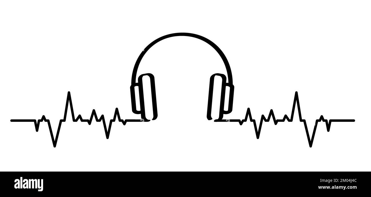 Heartbeat wave. headphones, headsets line pattern sign. For music or ...