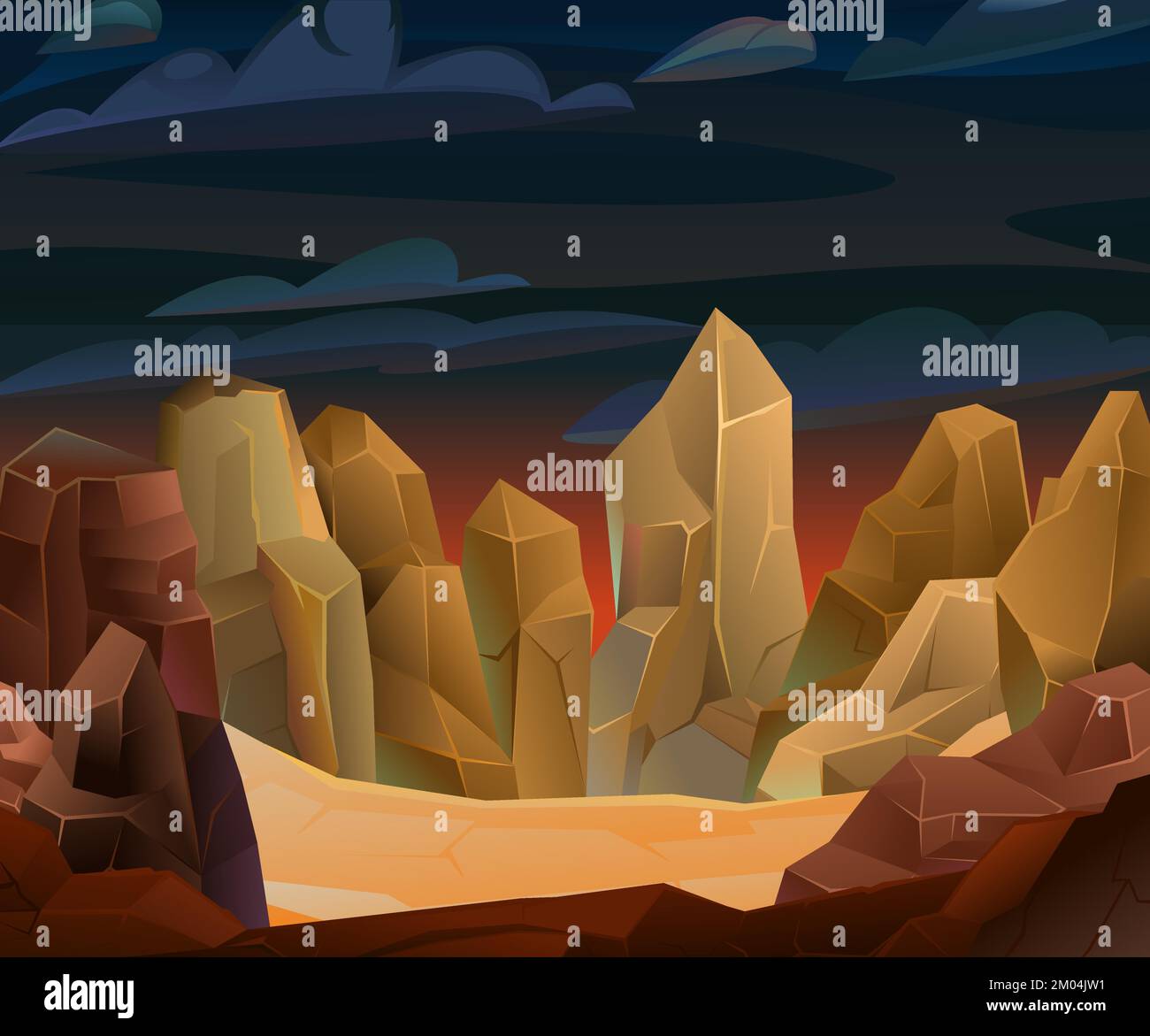 Rocks cliffs stone. Night dark sky. Landscape mountainous. Natural land desert. Cartoon style ...