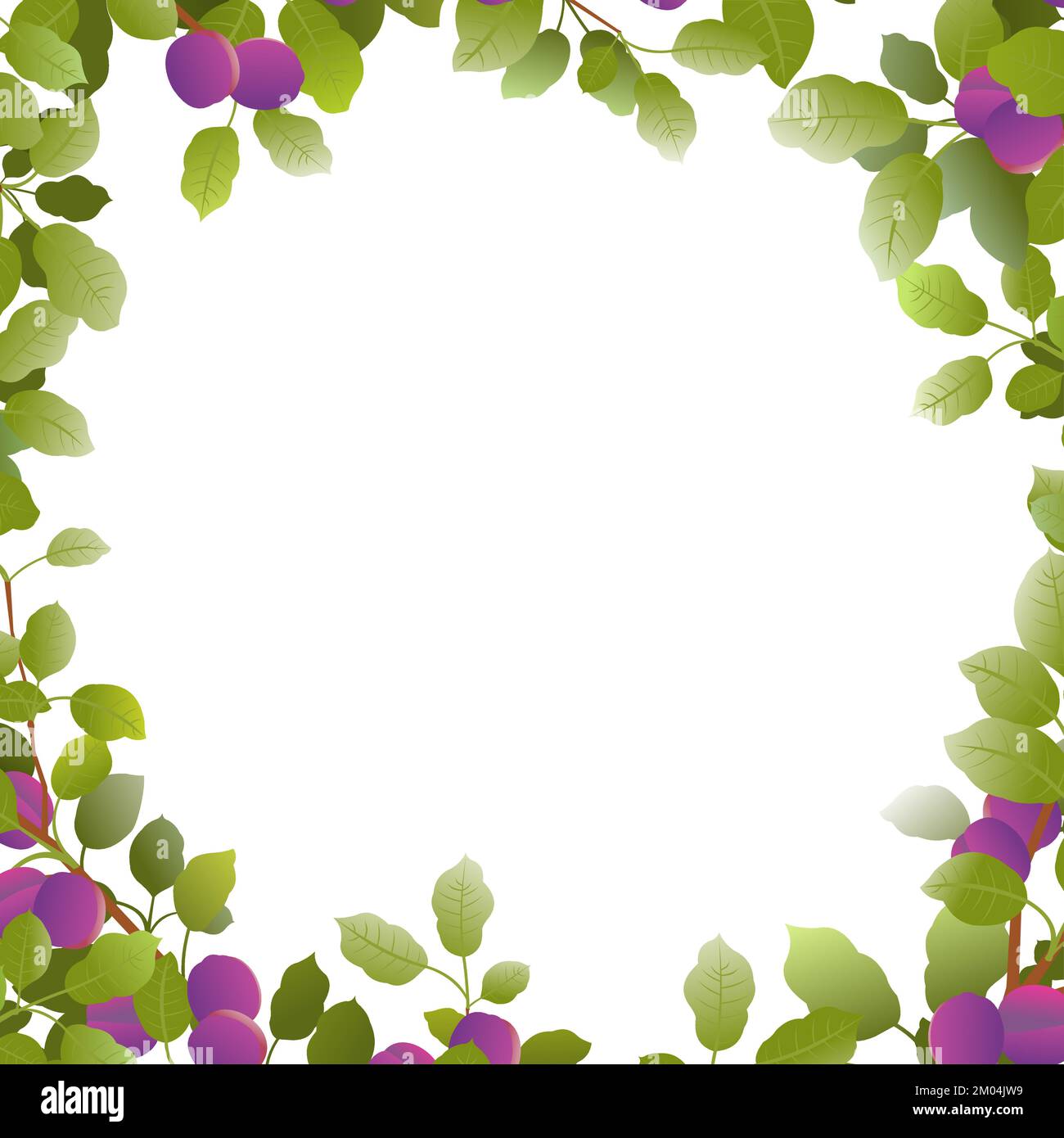 Tree branches plum with ripe fruit frame around edge of picture. Garden ...