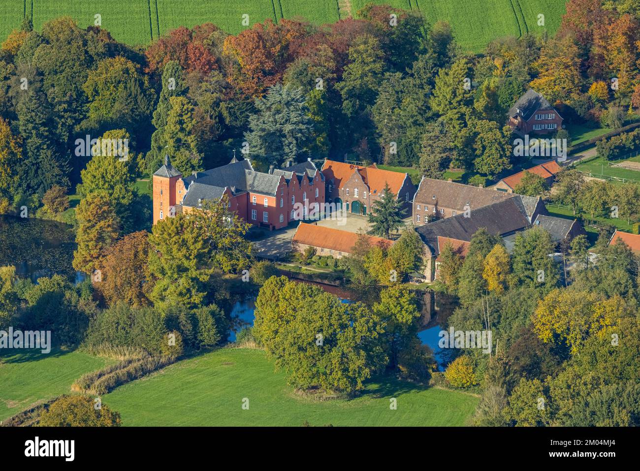 Aerial view, Bloemersheim castle, moated castle, castle pond ...