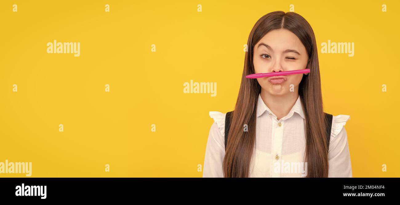 Knowledge day. Winking girl hold pen as mustache. School education ...