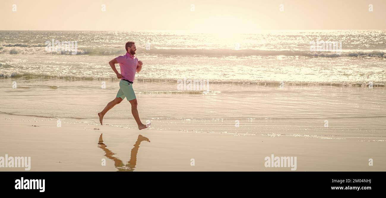 Man running and jumping, banner with copy space. athletic man runner ...