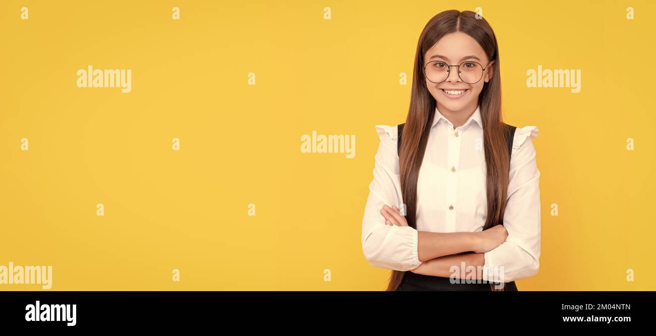 happy teen girl face portrait in school uniform and glasses for vision ...