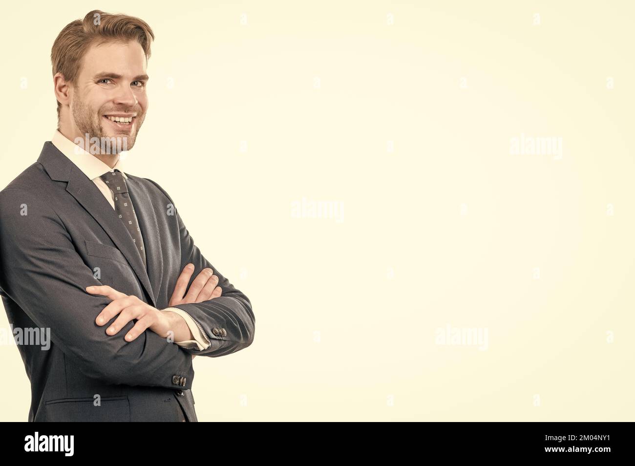 Im professional. Confident employee in suit. Happy guy smile keeping ...