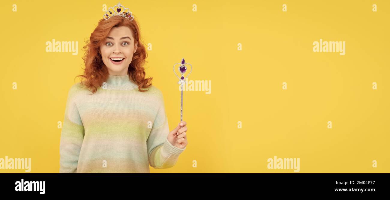 Woman isolated face portrait, banner with copy space. wow. queen hold ...