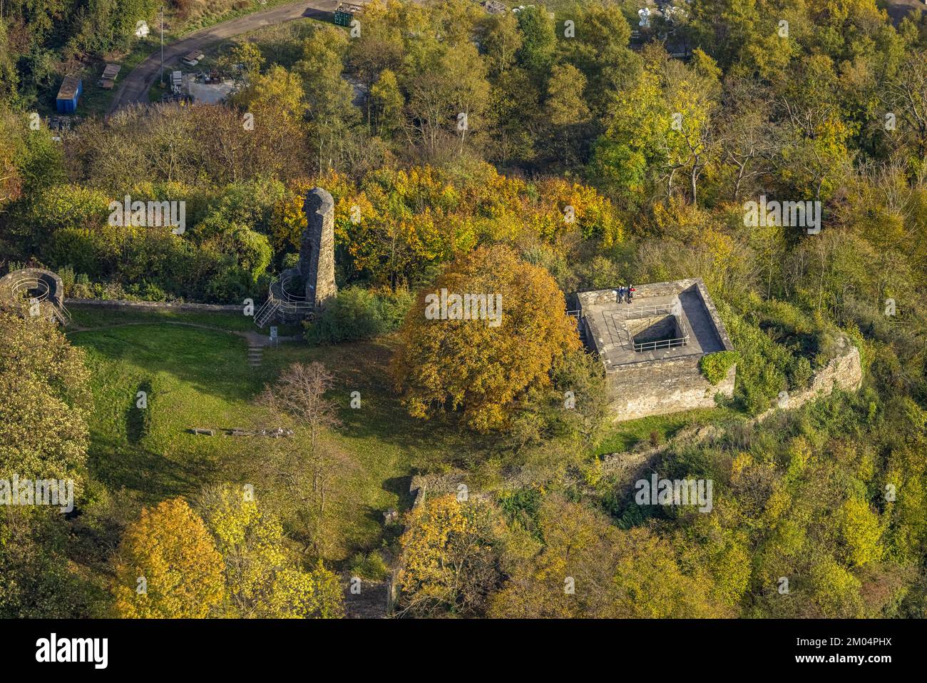 Aerial view, Volmarstein castle ruin, trees in autumn colors ...