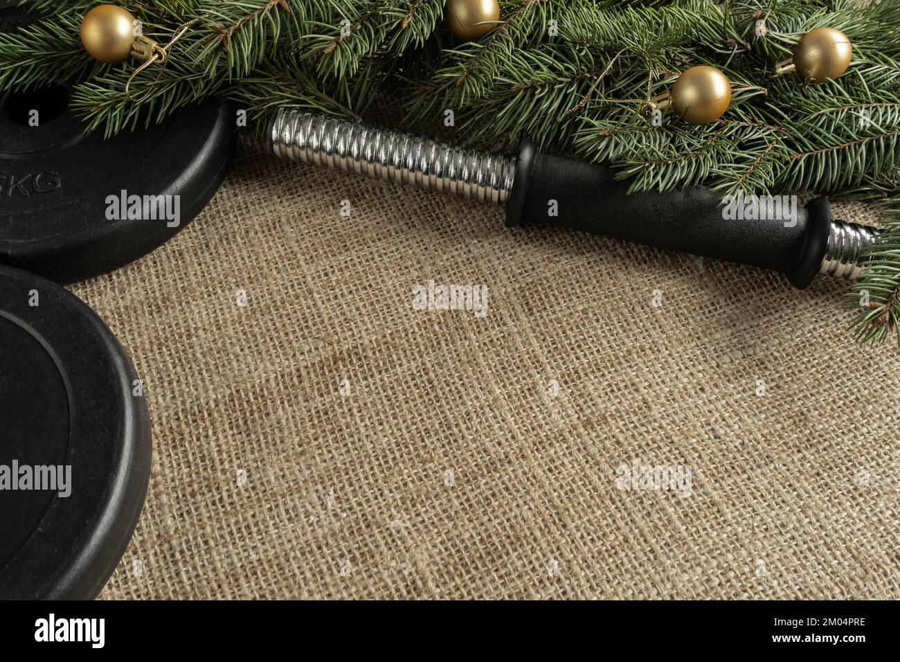 Dumbbell barbell weight plates, Christmas tree branches, decorations ...