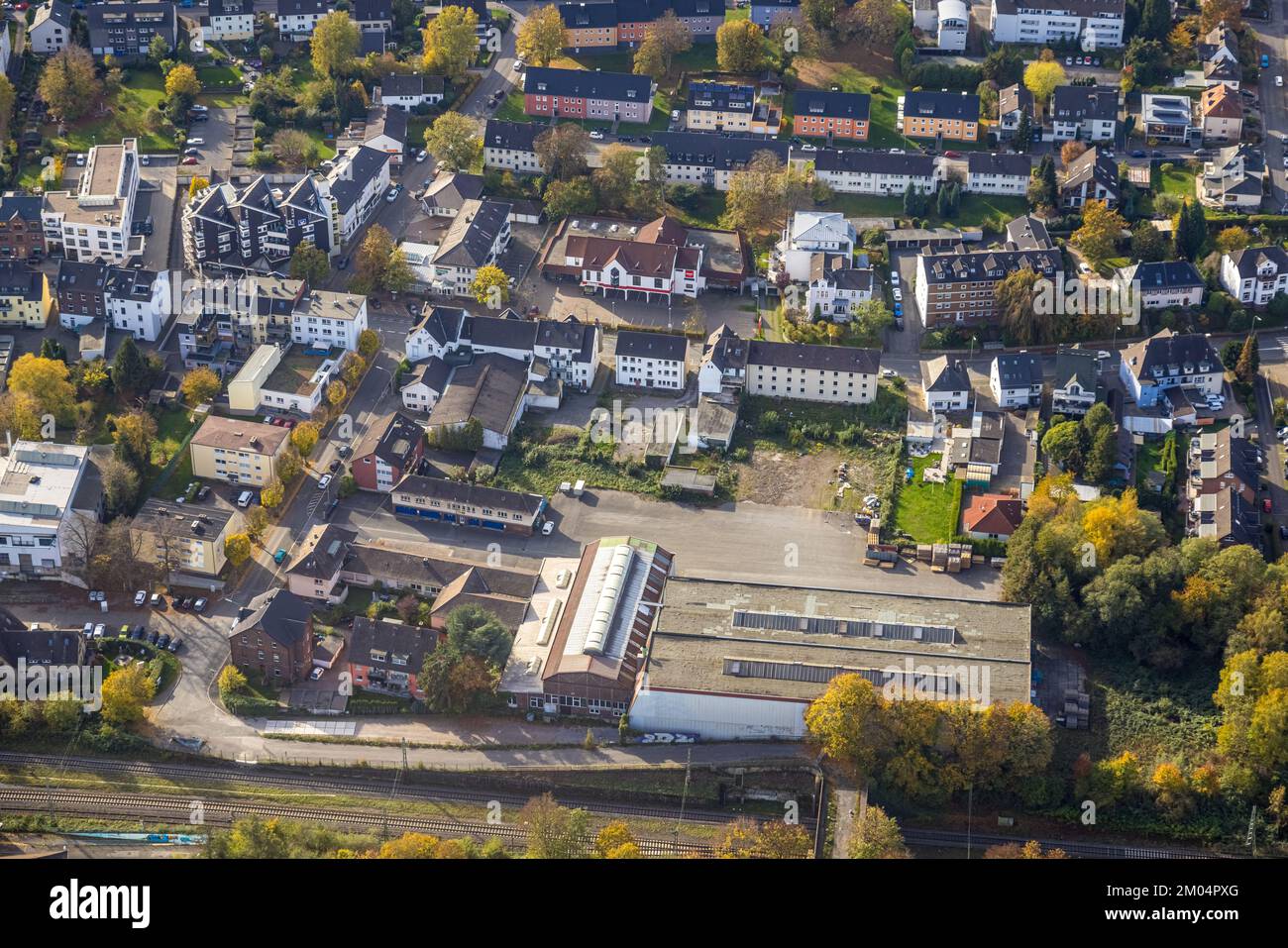 Aerial view, residential buildings Osterfeldstraße 17-23, fallow land ...