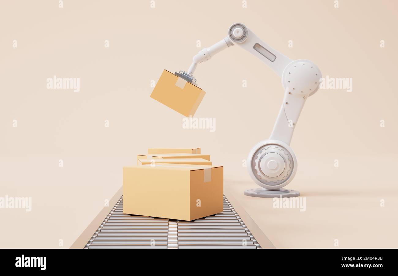 Mechanical arm and cardboard box, 3d rendering. Digital drawing Stock ...