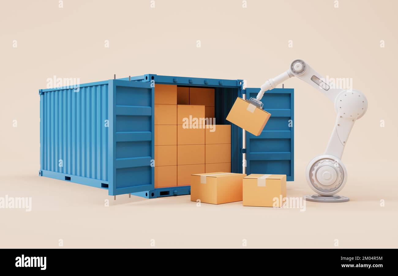 Mechanical arm and cardboard box, 3d rendering. Digital drawing Stock ...