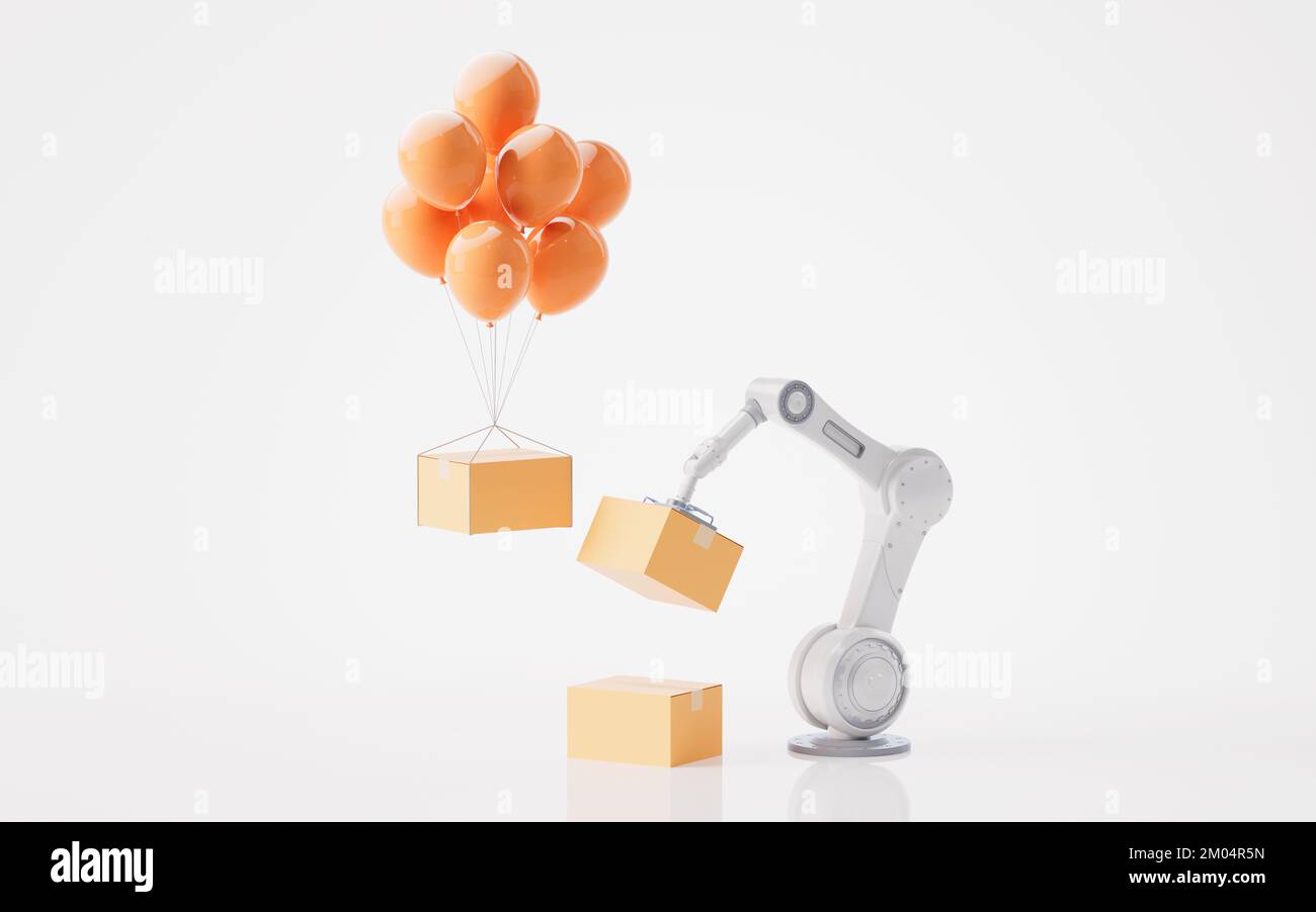 Mechanical arm and cardboard box, 3d rendering. Digital drawing Stock ...