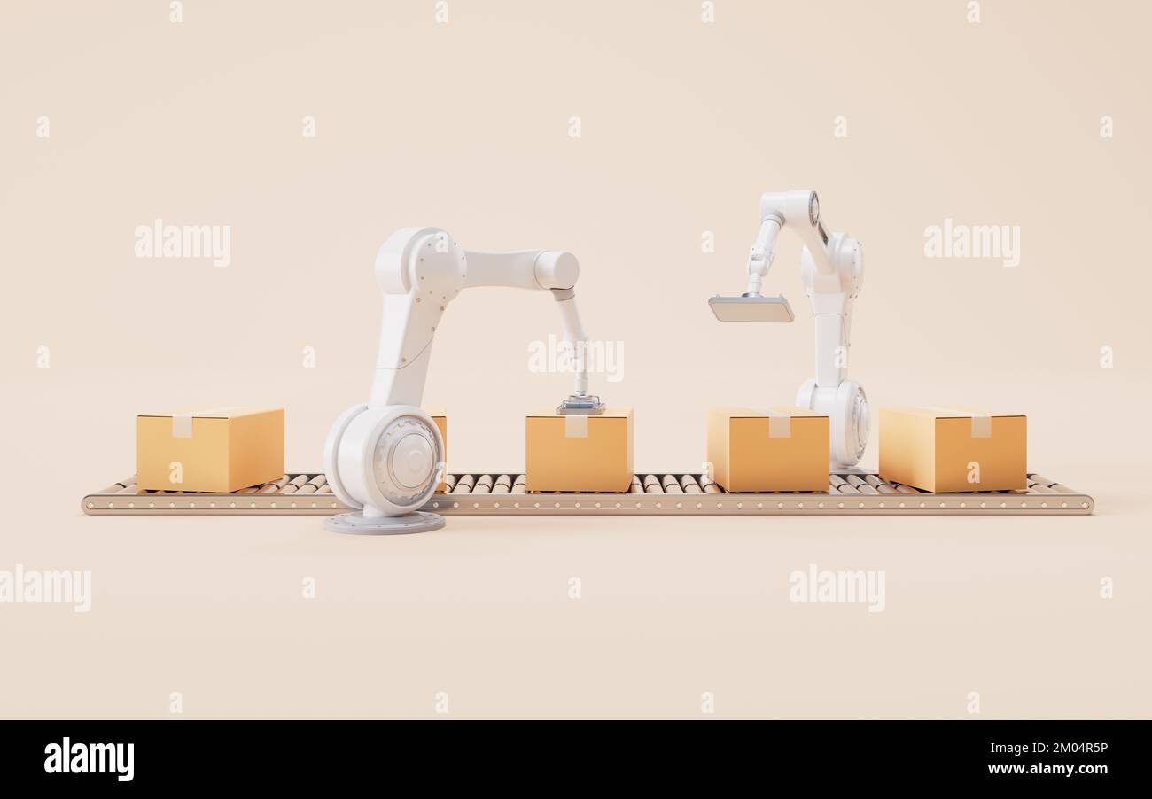 Mechanical arm and cardboard box, 3d rendering. Digital drawing Stock ...