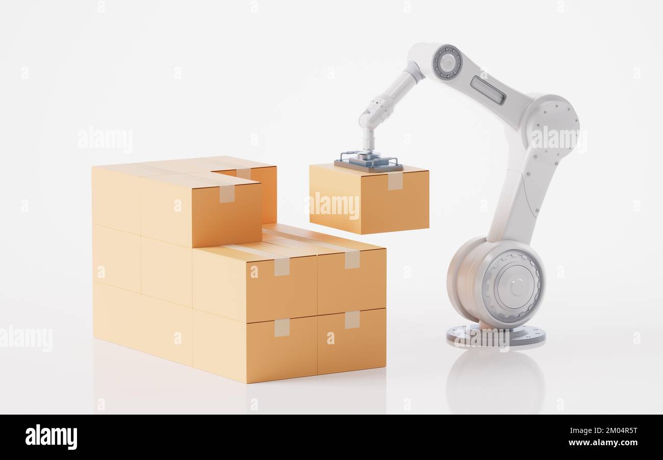 Mechanical arm and cardboard box, 3d rendering. Digital drawing Stock ...
