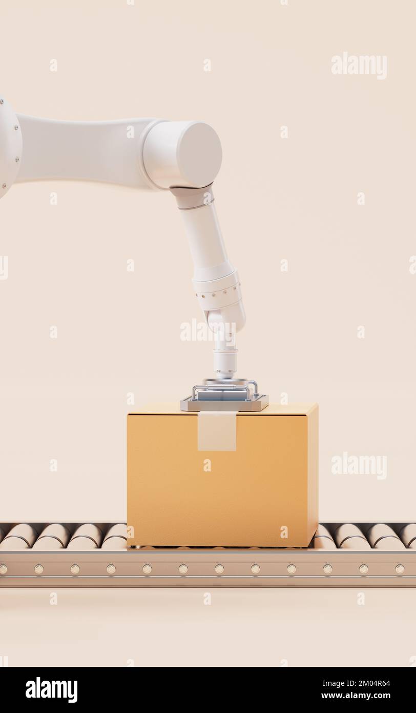 Mechanical arm and cardboard box, 3d rendering. Digital drawing Stock ...