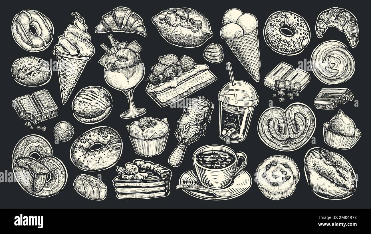Food and Drink chalk drawn set on black board. Collection sketches for ...