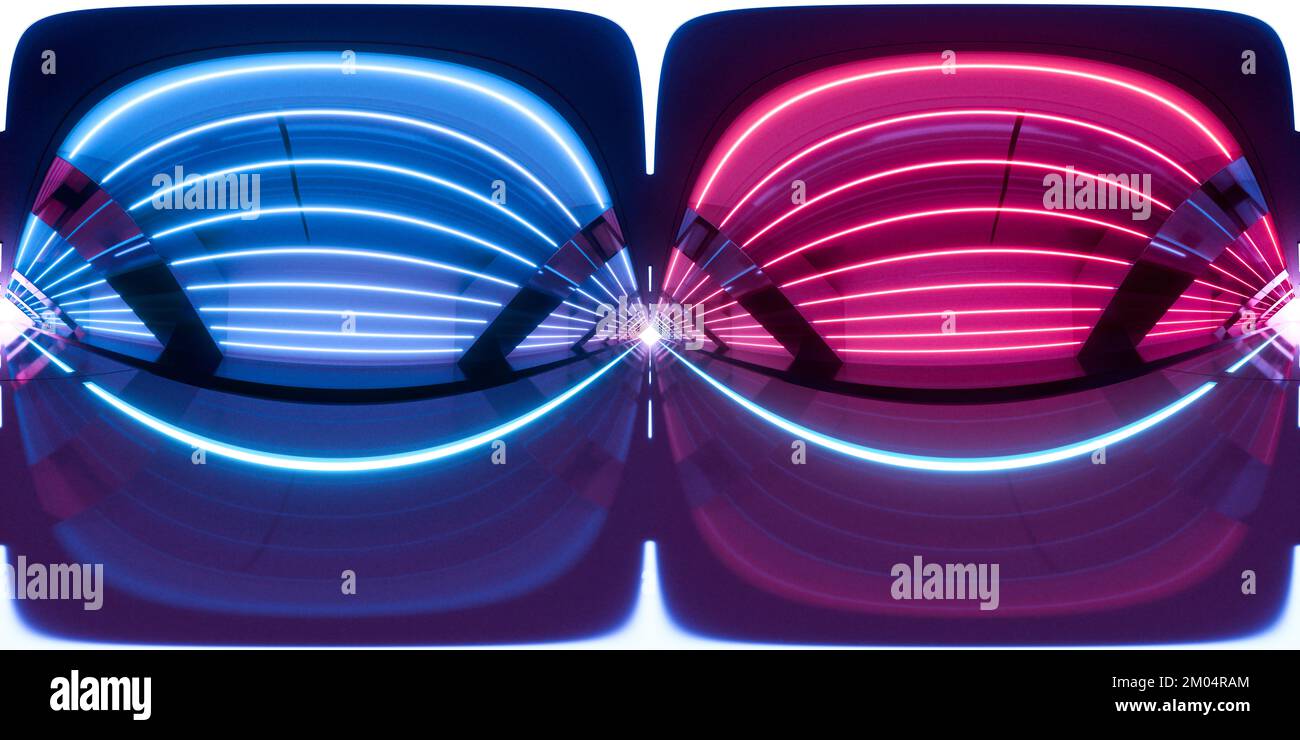 Dark tunnel with glowing light illuminated, 3d rendering. 360-degree ...