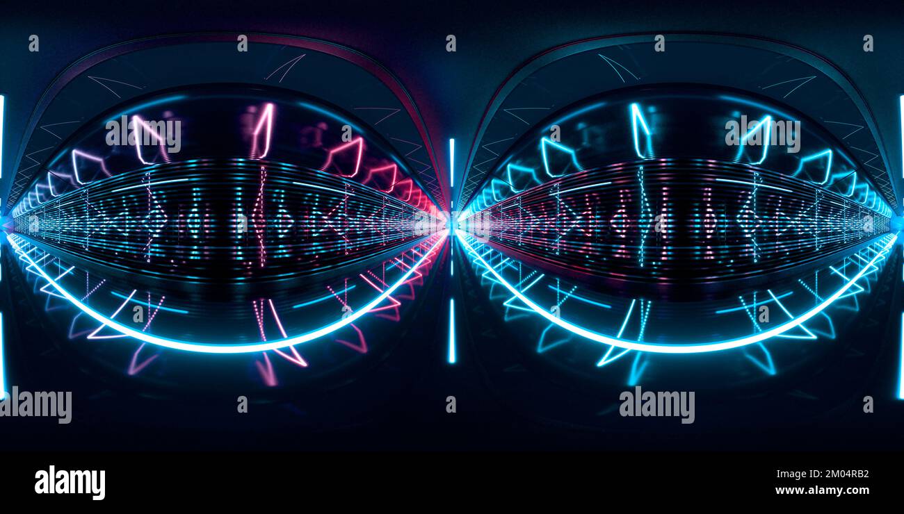 Dark tunnel with glowing light illuminated, 3d rendering. 360-degree ...