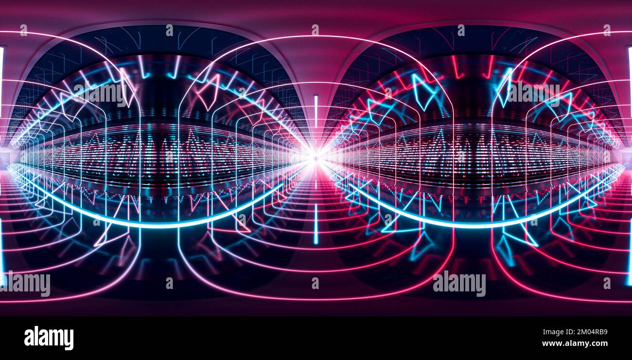Dark tunnel with glowing light illuminated, 3d rendering. 360-degree ...