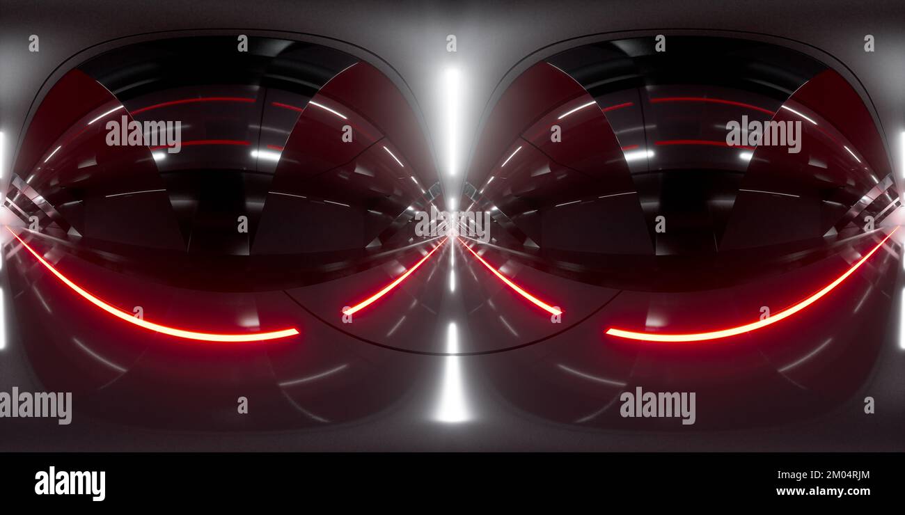 Dark tunnel with glowing light illuminated, 3d rendering. 360-degree ...